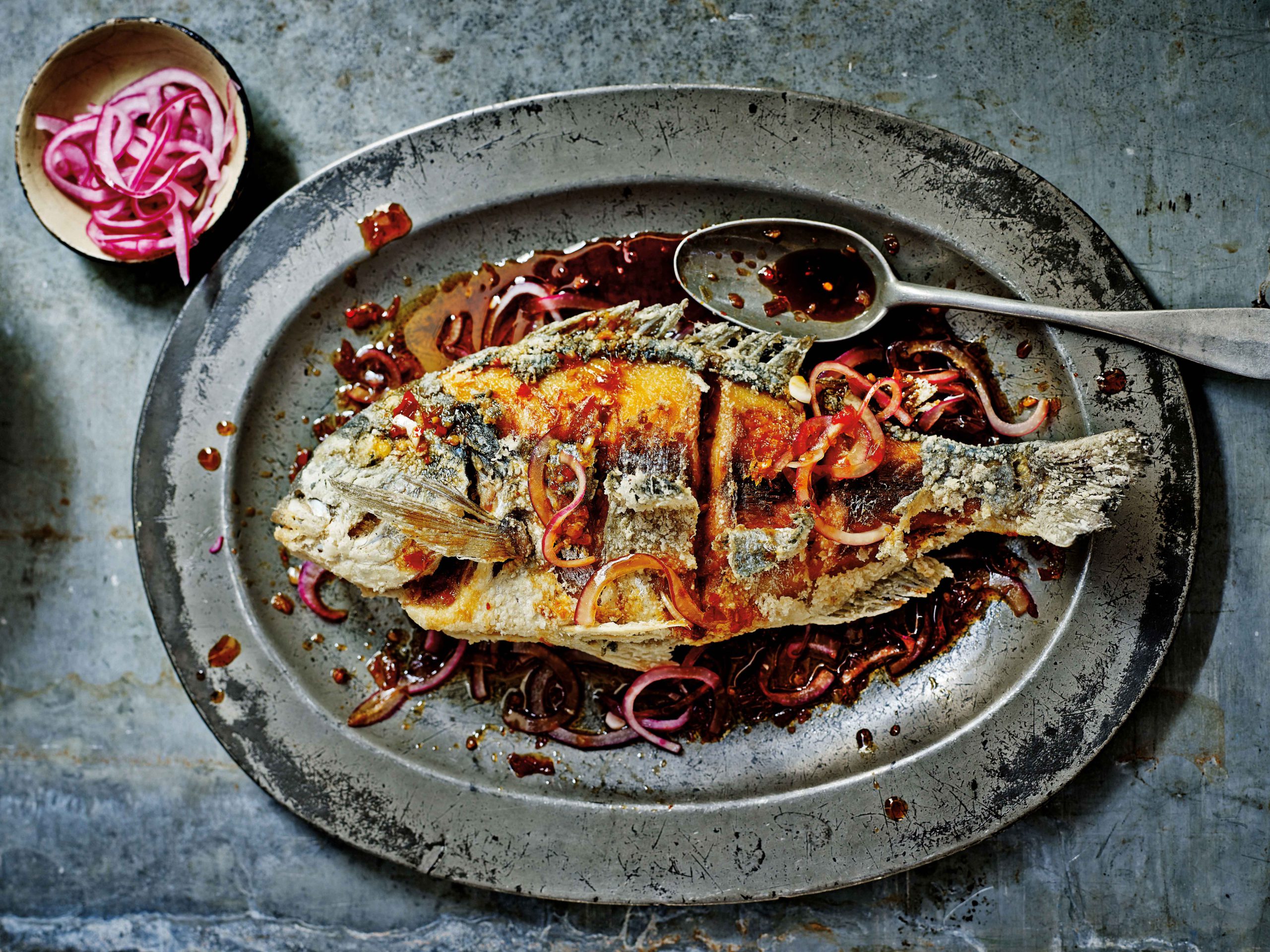 Recipe: Crispy bream with pickled red onion and sweet chilli dressing ...